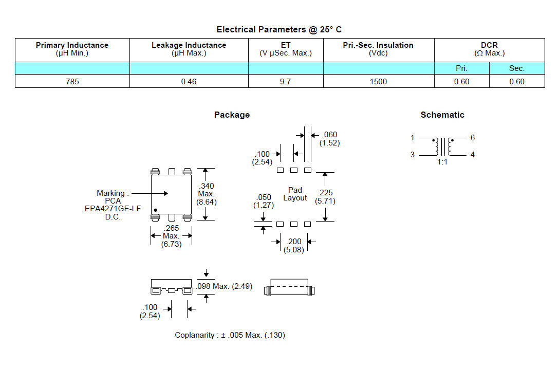 Toroidal EPA4271GE-LF SMPS 785uH Gate Drive Transformer Designed to ...