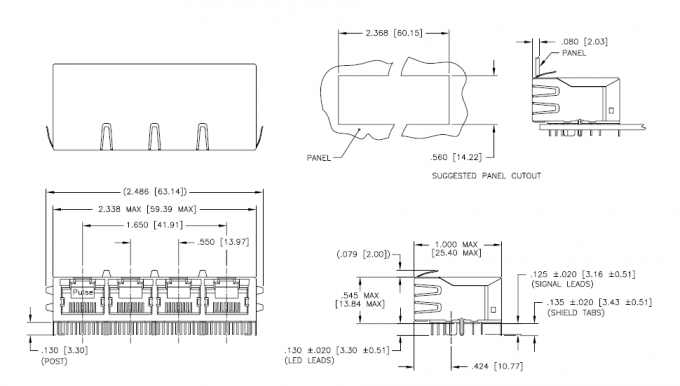 Length 25.4mm Vertical Rj45 Jack 1X4 Multiple Ports Tab Up RJ45 JXG0-0098NL