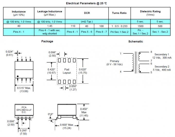 EP10 EPC3901G-LF Flyback Converter transformer isolated PoE transformer Designed to work with ...