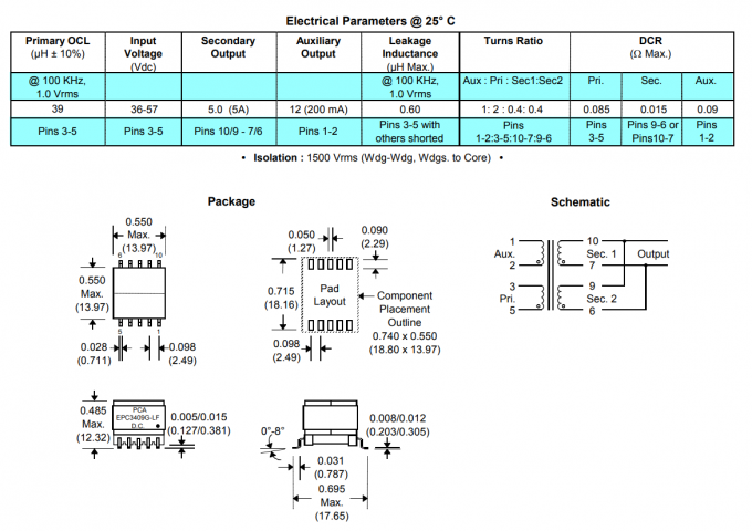 EPC3409G-LF SMPS Flyback PoE Power Transformer PoE Synchronous Flyback ...
