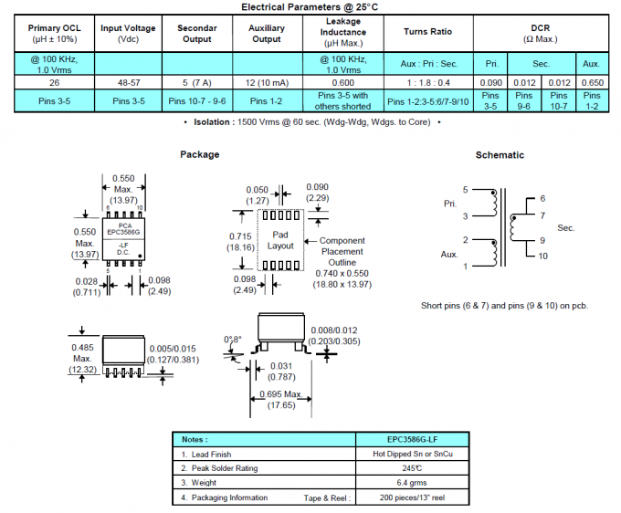 EPC3586G-LF SMPS PoE Synchronous Flyback Transformer Designed to work ...