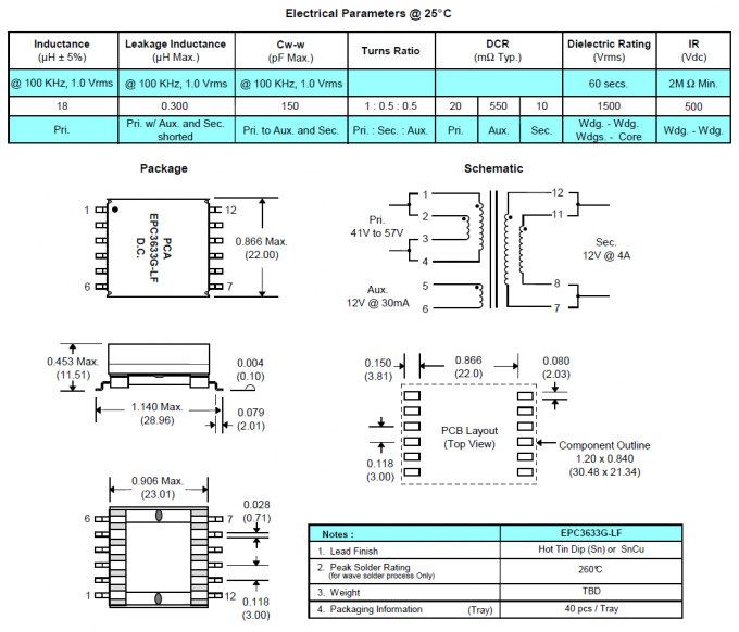 EFD20 EPC3633G-LF SMPS PoE Synchronous Flyback Transformer High ...