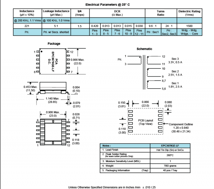 EFD20 EPC3678GE-LF SMPS PoE Synchronous Flyback Transformer High ...