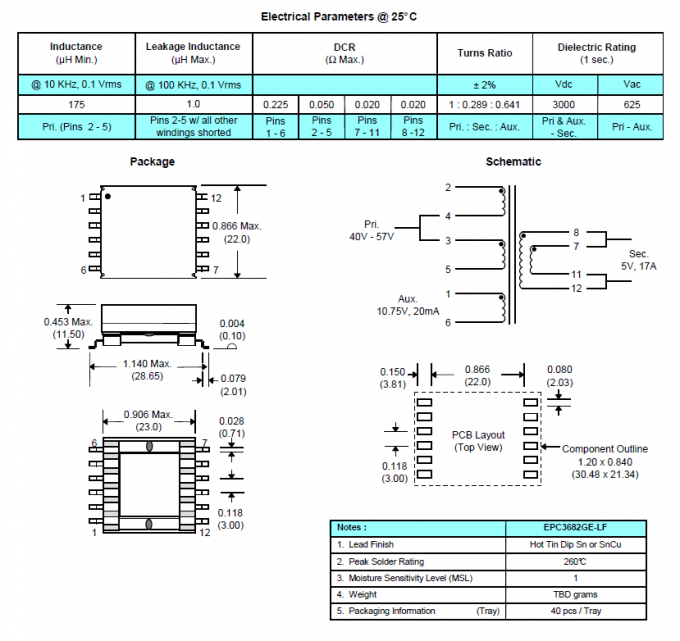 EFD20 EPC3682GE-LF SMPS 85W PoE Forward Transformer With Semiconductor ...